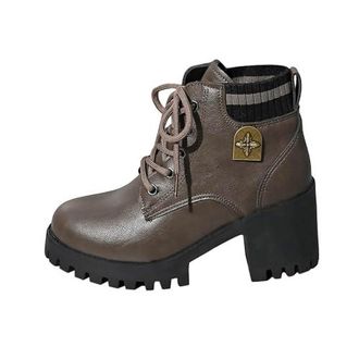 Generic Bottines de motard confortables et &eacute;l&eacute;gantes pour femme - Bout rond - Col tricot&eacute; de couleur unie - Cuir synth&eacute;tique - &Agrave; lacets - Pour f&ecirc;tes et bureau