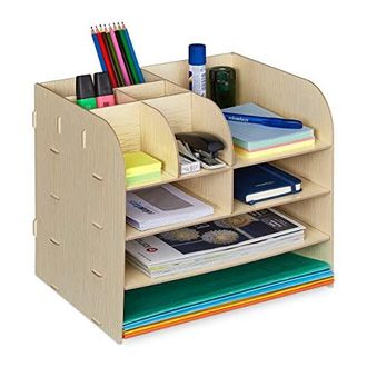 Relaxdays Schreibtisch Organizer mit Dokumentenablage, 10 F&auml;cher, HBT: 27,5 x 32,5 x 25 cm, B&uuml;roorganizer MDF, hellbraun