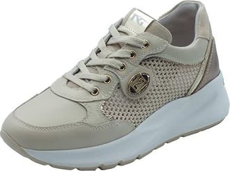 Nero Giardini E615180D Velvet Col. Milk Sneakers pour femme en cuir et tissu avec compensation, beige, 36 EU