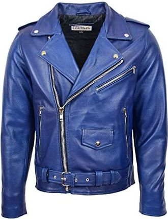 House Of Leather Kyle Veste de motard en cuir v&eacute;ritable avec fermeture &Eacute;clair crois&eacute;e Style Brando, bleu, L