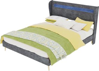STILVORA Cama Tapizada Doble 140 X 200 Cm De Tela Y Metal Con Cabecero Ajustable Y Led, Sin Colch&oacute;n, Gris