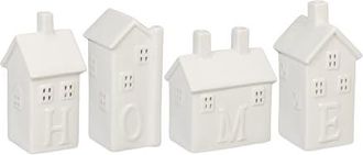 Relaxdays Teelichthaus Keramik, 4 Leuchthäuschen für je 1 Teelicht, Teelichthalter Häuser mit Home-Beschriftung, weiß
