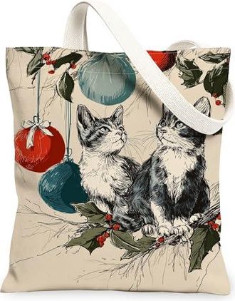 Generic Sacs fourre-tout en toile vintage de No&euml;l, motif f&eacute;lin artistique, sacs de courses r&eacute;utilisables, l&eacute;gers et lavables, beige, 13x15 Inch