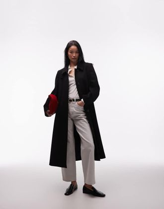 & Other Stories Manteau long en laine &agrave; boucle en similicuir - Noir