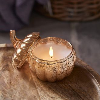 Lights4fun LED Kürbis Gold Glas mit TruGlowLED Kerze Batteriebetrieb Timer Halloween Deko Herbst