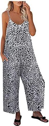 Generic Robes boh&egrave;me 2026 pour femmes, jambe, imprim&eacute; l&eacute;opard, combinaison tendance, bretelles, avec poches, blanc, M