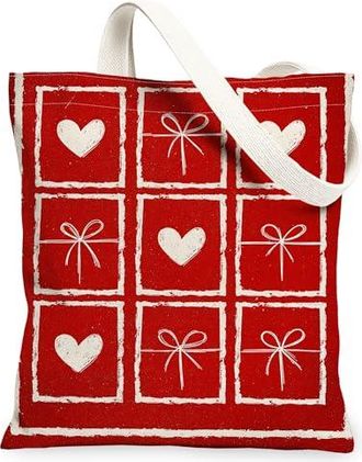 Generic Sacs fourre-tout en toile motif coeurs de Saint-Valentin, sacs d&eacute;picerie r&eacute;utilisables, l&eacute;gers et lavables pour voyage Beac, Rouge, 13x15 Inch