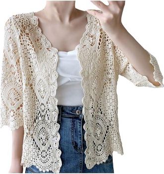 Generic Cardigan dété à manches 3/4 pour femme - Décontracté - Boutonné - Style bohème - Style hippie - En crochet - Élégant - Ouvert sur le devant - Résistan