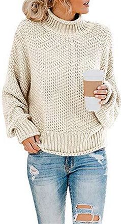 TOMWELL Pull Tricoté Femme Col Roulé Solide Couleur Elégant Chandail Casual Pull à Manche Longue Sweater Simple Hiver Pullover A Blanc M