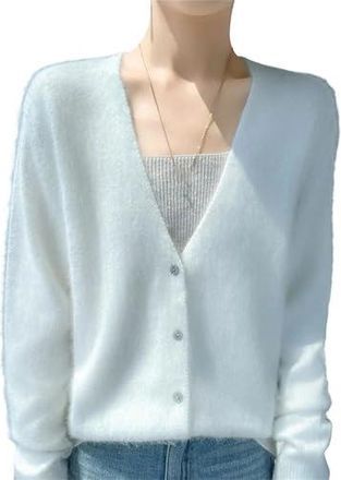 Generic Cardigan en cachemire pour femme 100 % vison - Veste ample - Col en V - Manches longues, blanc, Taille XL