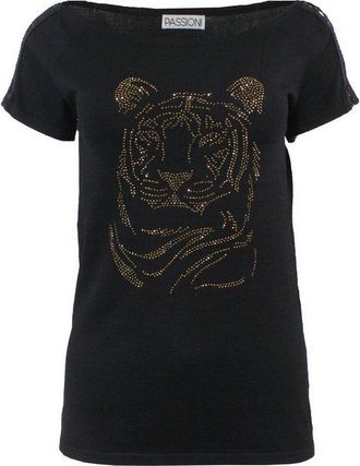 Passioni Sweater Schwarzes Sommer Strick Pullover mit Strass-Tigermotiv