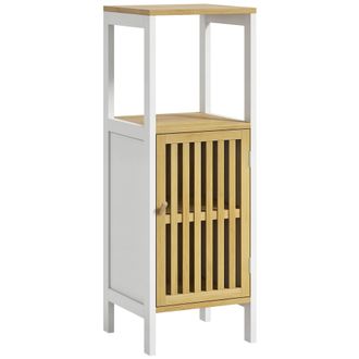 HOMCOM Hochschrank Badezimmer Säule Badezimmer Beistellmöbel mit 1 offenem Regal 1 Tür und 1 verstellbarem Regal 32x30x90,5 cm Natur und Weiß