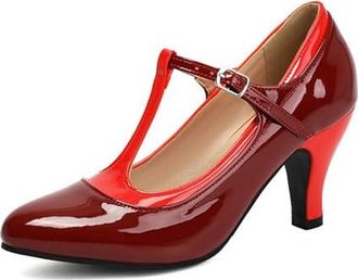 Generic Chaussures Mary Jane &agrave; bout pointu avec sangle en T pour femme avec boucle et talons mi-hauts d&eacute;contract&eacute;s, Rouge, 40.5 EU