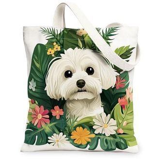 Generic Sac fourre-tout en toile motif chien maltais printanier 33 x 38,1 cm, sac d&eacute;picerie r&eacute;utilisable avec motif imprim&eacute; de plantes, fleurs, chiots pour fe