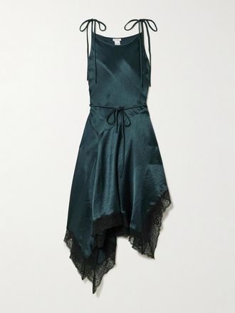 Acne Studios Doyla Asymmetrisches Midikleid Aus Gehämmertem Satin Mit Bindegürtel, Spitzenbesatz Und Wellenkanten - Blau