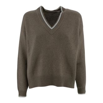 Brunello Cucinelli Femme, Pulls, Brun, Taille: 38 FR Pull &agrave; col en V c&ocirc;tel&eacute;