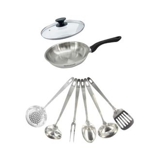 Fackelmann 9445350 Set po&ecirc;le 20 cm en inox 18/8, Couvercle verre et 6 ustensiles inox, Po&ecirc;le de cuisson, Po&ecirc;le tous feux, Po&ecirc;le induction, Po&ecirc;le sans PFAS, Acier