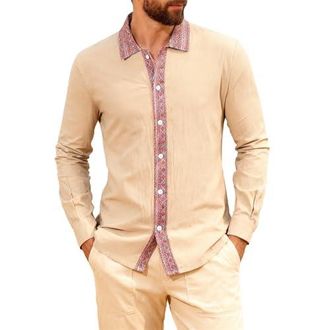 Generic Chemise en lin blanc pour gar&ccedil;on, coupe ajust&eacute;e, chemise en lin pour homme, chemise boutonn&eacute;e &agrave; manches longues pour homme, t-shirt d&eacute;contract&eacute; &agrave; manc
