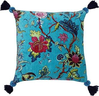 Riva Paoletti Riva Paoletti Tree Of Life Kissenbezug - Eisvogel Blue - Floral Chinoiserie-Druck - Pompom Quaste Corners - Maschinenwaschbar - 100% Baumwolle - 50 X 