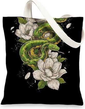 Generic Sac fourre-tout en toile motif serpent et fleur, sacs dépicerie artistiques, réutilisables, sacs légers à bandoulière noire, 33 x 38 cm