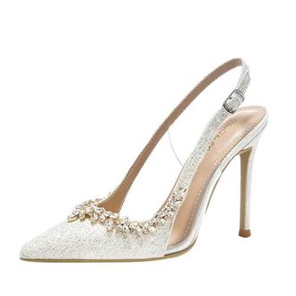 Generic Escarpins à Talons Hauts en Satin et Strass pour Femmes, Bride la Cheville Scintillante en Cristal, Chaussures Hautes Bout Pointu et Fines,White 10cm,