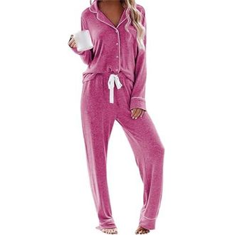 Generic Ensemble de pyjama 2 pi&egrave;ces pour femme, manches longues, boutons vers le bas, pyjama &agrave; manches longues, ensembles de v&ecirc;tements dint&eacute;rieur, rose rouge,