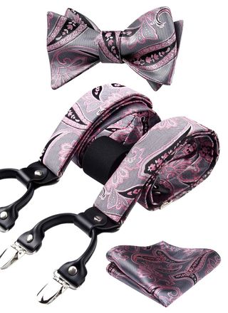 Hisdern Rosa Herren Hosentr&auml;ger mit 6 starken Clips Extra Breit Paisley Y Form Hosentr&auml;ger f&uuml;r Herren mit Fliege Einsteckuch Set