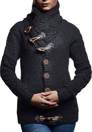 LEIF NELSON Veste en tricot pour femme avec col ch&acirc;le - Cardigan coupe slim avec boutons, anthracite, L