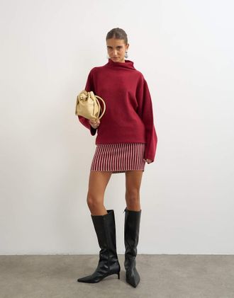 Topshop robe courte en maille &agrave; rayures &agrave; manches longues en laine bordeaux-Bleu
