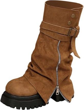 Generic Bottes mi-mollet pour femme avec bout rond et talon &eacute;pais style r&eacute;tro &agrave; boucle surdimensionn&eacute;e et plis &eacute;l&eacute;gants pour un dhiver tendance (Brown, 38)