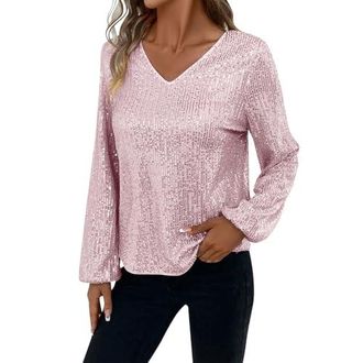 Generic Haut &agrave; paillettes pour femme - Tunique brillante &agrave; manches longues et col en V - T-shirt pour f&ecirc;te, bo&icirc;te de nuit - T-shirt ample d&eacute;contract&eacute; pour fem
