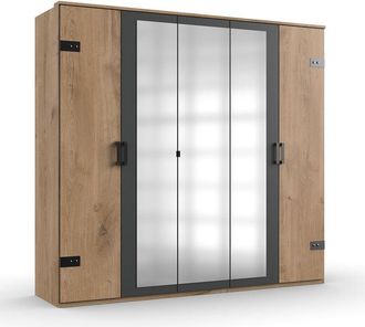 PEGANE Armoire placard meuble de rangement coloris imitation chêne poutre/graphite - Longueur 225 x Hauteur 210 x Profondeur 58 cm Pegane