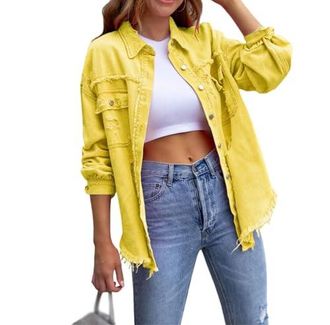Generic Veste en jean surdimensionn&eacute;e &agrave; franges d&eacute;chir&eacute;es pour femme avec poche, jaune, XXL