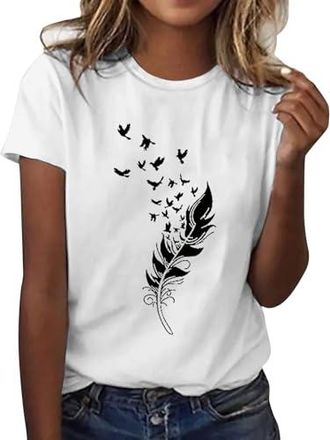 Generic T-shirt &agrave; manches courtes et col rond d&eacute;contract&eacute; avec motif plume pour femme, blanc, XXL