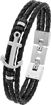 s.Oliver Armband für Herren Anker, Leder / Edelstahl, IP Schwarz, Länge: 20-21,5 cm
