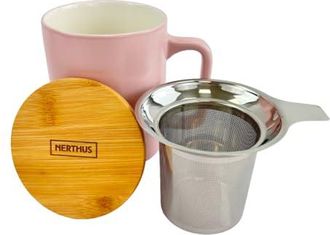 Nerthus Kitchenware FIH 1570 Keramikbecher, 375 ml, mit Edelstahl-Teesieb und Bambusdeckel, elegantes Design, ideal f&uuml;r Tee und Tees, Fuchsienrosa