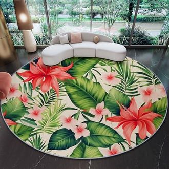Generic Tapis Rond Salon Diamètre 100 cm, Vintage Fleurs Tropicales Aquarelle Imprimé Vert Tapis de Sol Décoration Antidérapant pour Salon Chambre Cuisine Bal