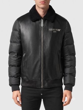 Philipp Plein Doudoune en cuir dagneau avec col en fourrure