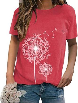 Minetom Femme Été Chic Col Rond Manche Courte T-Shirt Imprimer Chemisier Blouse Mode Basique Tee Shirt Hauts Tops A Rouge 44