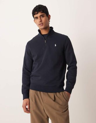 Polo Ralph Lauren Sweat en maille double de jersey avec logo embl&eacute;matique et demi-fermeture &eacute;clair - Bleu marine