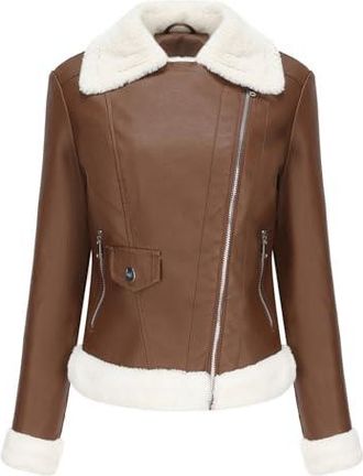 Generic Vestes pour femmes 2026 pour femmes, veste de moto courte de couleur unie, caf&eacute;, 3XL