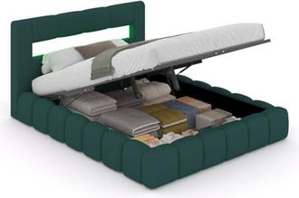 Concept Usine | Lit Coffre 2 Places Omaha 160x200 cm | Design Nuage avec LED Int&eacute;gr&eacute;e | Rev&ecirc;tement Velours Vert | Sommier &agrave; Lattes Inclus | Grand Coffre de Rangemen