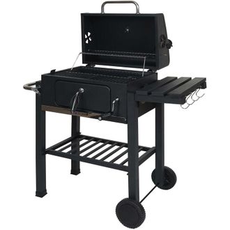 Hhg Chariot de barbecue 862, barbecue au charbon de bois Barbecue bbq gril de jardin avec couvercle &eacute;tag&egrave;res, acier, 110x100x51cm noir