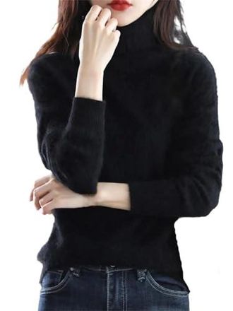 Generic Pull en tricot à manches longues pour femme - Col haut - Doux et chaud, Noir, XL