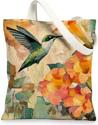 Generic Sacs fourre-tout en toile motif colibri, sacs de courses réutilisables, vintage, bohème, légers, lavables pour salle de sport, voyage, plage, 33 x 38 