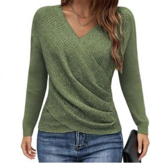 Generic Pull &eacute;l&eacute;gant en tricot pour femme - Style d&eacute;contract&eacute; - Col en V - Crois&eacute; - Id&eacute;al pour lautomne., vert, XXL