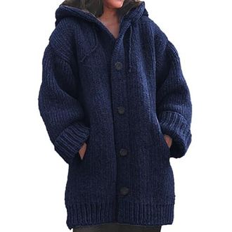 Generic Pulls dautomne pour Femmes Grandes Tailles, Cardigan dhiver &eacute;pais en Maille, &agrave; Capuche, Manches Longues, Boutons, Manteau Chaud