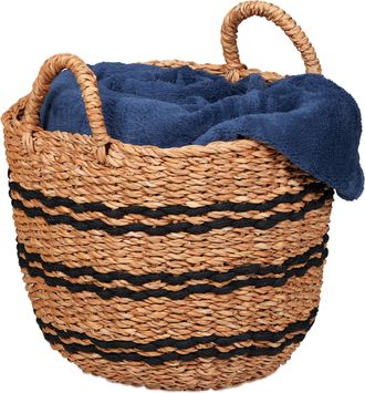 Relaxdays Aufbewahrungskorb, Seegras, HxD: 28 x 35 cm, Flechtkorb mit Griffen, Bad, Schlaf- & Wohnzimmer, Natur/schwarz