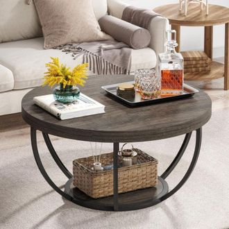 Tribesigns Tribesigns Table basse ronde, 80,5 cm, table basse circulaire en bois &agrave; 2 niveaux avec &eacute;tag&egrave;res de rangement, table dappoint moderne pour salon, gris