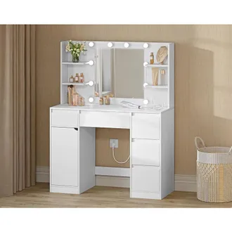 Woltu Coiffeuse avec Miroir et Multiprise Woltu Luminosité Réglable, Table de Maquillage avec 5 Tiroirs et Offene Ablagen, Blanc